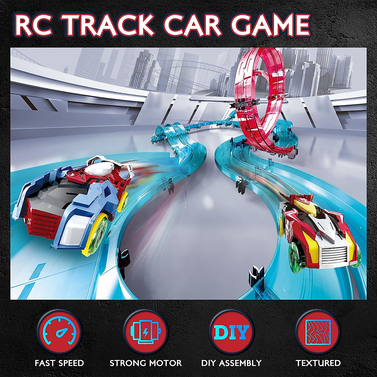 REMOKING RC Track Car, STEM Rail Race RC Track Car Toys Build Your Own 3D Super Track Ultimate Slot Car Playset 2 Cars 2 Remote Controllers Party Game, Great Gifts Toys for Kids Boys Girls Age 6 7 8 9