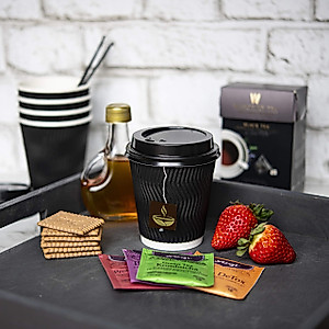 NYHI Set of 100 Black Disposable Paper Cups with Black Lids and Straws 12 oz Ripple Insulated Kraft for Hot Drinks Tea Coffee Triple Layer Design Eco Friendly Recyclable Durable Paper