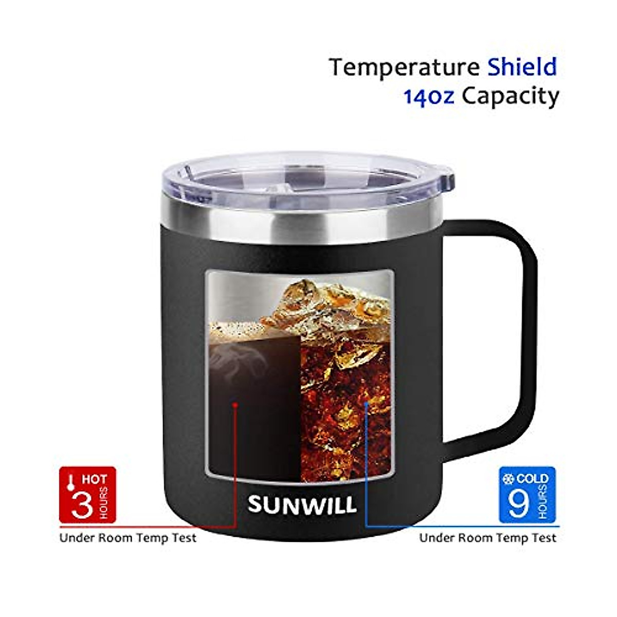 SUNWILL Coffee Mug with Handle, 14oz Insulated Stainless Steel Reusable Coffee Cup, Double Wall Coffee Travel Mug, Powder Coated Black