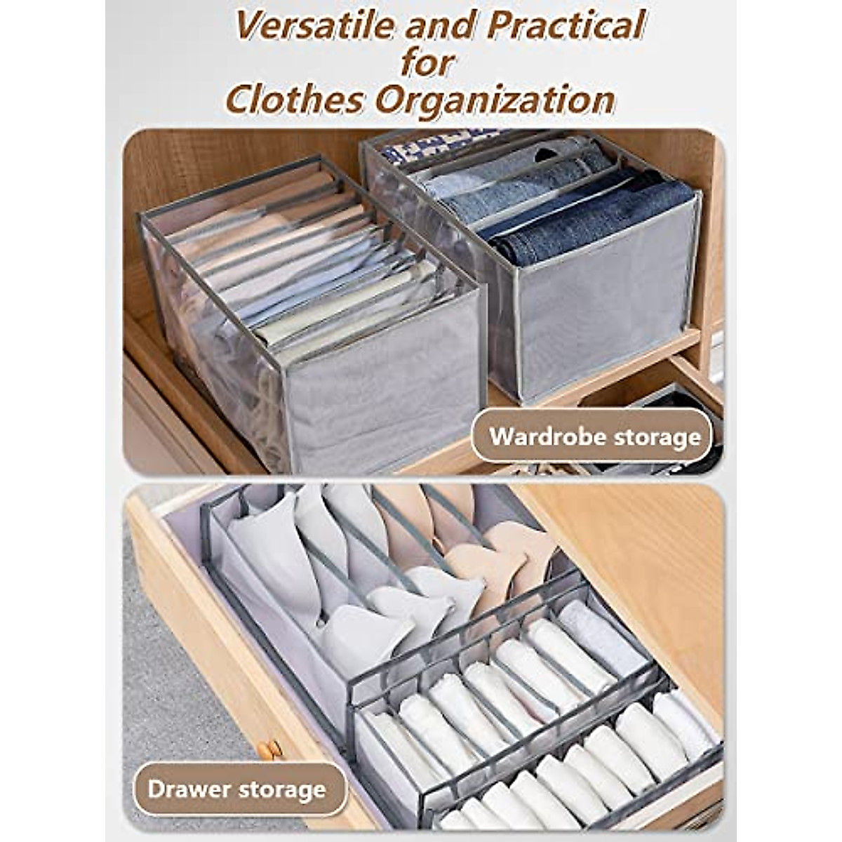 SandKing 6PACK Wardrobe Clothes Drawer Organizers Dividers - 6/7/11Grids Compartment Storage Box Bins for Jeans,Bras,Underwear,Socks,Baby Clothes, Foldable Closet Drawer Organizers Storage Bedroom
