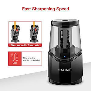 TRUNIUM Electric Pencil Sharpener, Pencil Sharpener for 6-8mm Colored/WoodenPencils, Auto Stop, Fast&Super Sharp, Electric Pencil Sharpeners USB Operated in No.2/Office/Studio/Home/Classroom(Black)