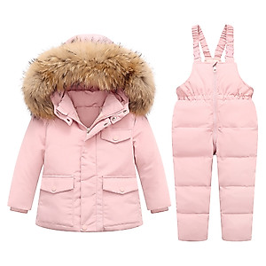 Toddler Girl Snowsuit 2Pcs Kids Down Jacket Winter Hooded Coat +Snow Bib Pants Kids Windproof Skiing Suit (3T/4T,Pink)