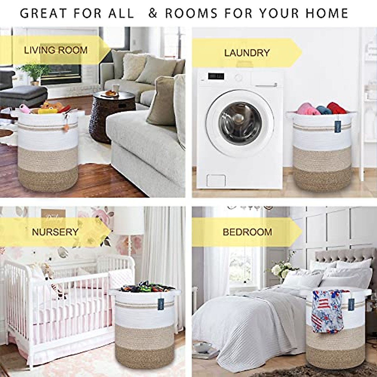 COMSE Extra Large Laundry Basket, Tall Blanket Basket, Laundry Hamper with Handles, 15.7”x 21.7”, Cotton Rope Basket, Woven Laundry Basket, Toy Basket, Clothes Baskets,Woven Basket,Gradient Brown