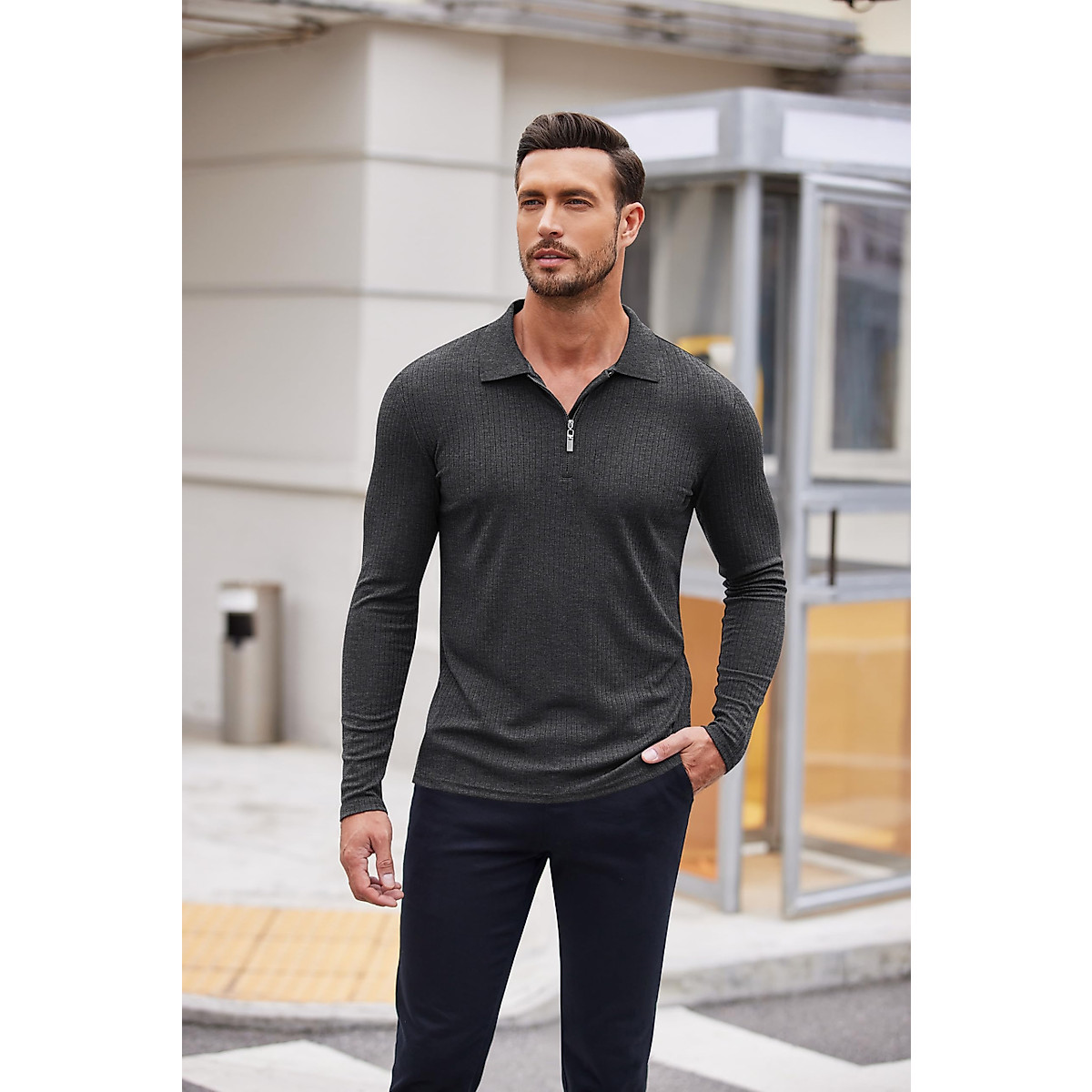 COOFANDY Men's Long Sleeve 1/4 Zip Polo Shirts Slim Fit Basic Designed Muscle Fit T Shirts Dark Grey