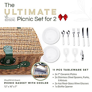 Handmade Wicker Picnic Basket for 2 with Insulated Cooler, Ceramic Plates, Utensils & Wine Glasses - Perfect Picnic Set for Camping, Outdoors, Photoshoot, or a Birthday, Valentine’s Day, Wedding Gift