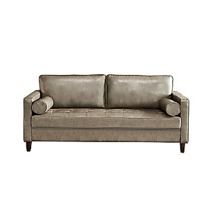 TARTOP Vegan PU Leather Living Room, Mid-Century Upholstered 3 Sofa Couch with 2 Pillows,Hidden Storage Space and Button Tufted Seat for Home or Office,Khaki