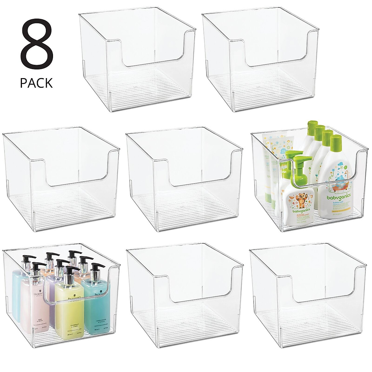 mDesign Modern Plastic Open Front Dip Storage Organizer Bin Basket for Bathroom Organization - Vanity Shelf, Cubby, Cabinet, and Closet Organizing Decor - Ligne Collection - 8 Pack - Clear