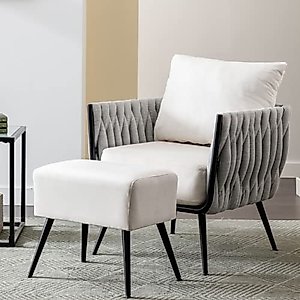 Ya-Home Modern Accent Chair with Ottoman, Velvet Upholstered Side Chair Single Sofa Armchair with Black Metal Legs for Living Room Bedroom Reception Room, Beige