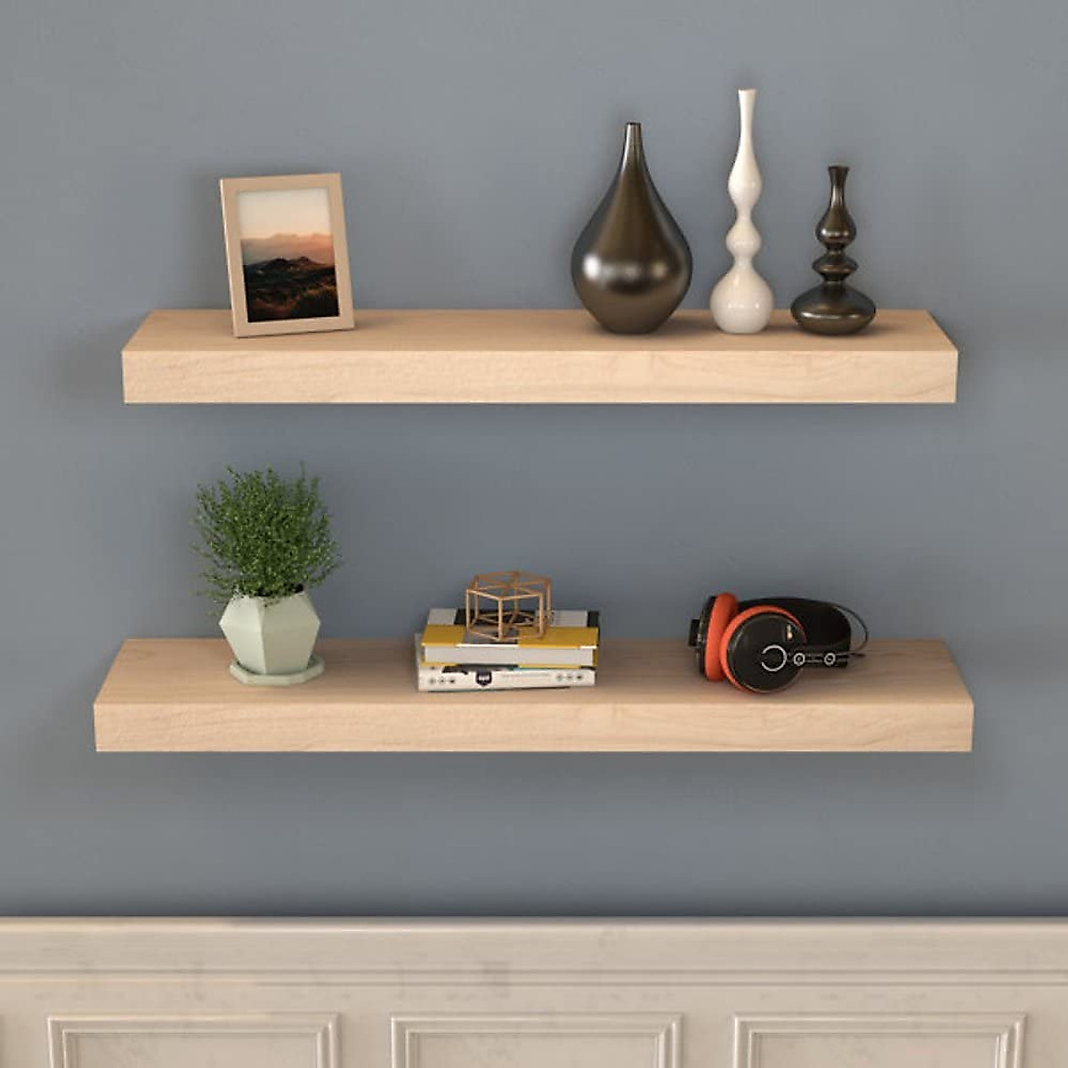 Elegant 2 Piece Rectangle Shape Decor & Organizer, Rustic Style Solid Wood Floating Shelves with Invisible Brackets Size: 1.57"H x 16"W x 6"D | Natural Brown Modern Design Durable & Easy Installation