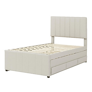 FANYHOME Upholstered Platform Bed, Twin Size Wooden Bed Frame with Pull-Out Twin Size Trundle and 3 Drawers, Wood Slat Support, No Box Spring Needed, Linen Fabric, Beige