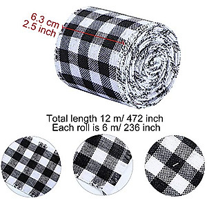 2 Rolls Wired Edge Ribbons Buffalo Plaid Burlap Ribbon Farmhouse DIY Gift Wrapping Crafts for Christmas Bow Wreath Tree Decoration (White Black Plaid, 2.5 Inch Wide, 472 Inch)