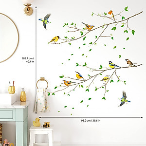DECOWALL SG-2111 Birds on Tree Branch Wall Decals Flying Bird Green Leaves Stickers Removable for Kids Nursery Bedroom Living Background Room Home Decor Art DIY