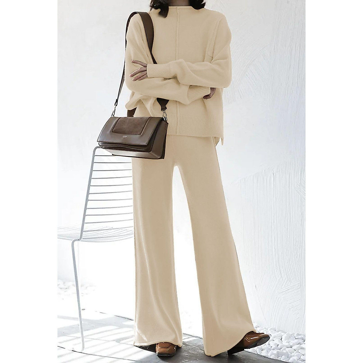 Linsery Womens Tracksuits Winter Casual Two Piece Set Women Knitted Loose Sweater Pullover Top Wide Leg Pants Suit Outfit Apricot Medium