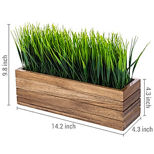 MyGift 14 Inch Artificial Green Grass Plant in Solid Acacia Wood Planter Window Box, Faux Greenery in Decorative Rectangular Crate Style Wooden Container