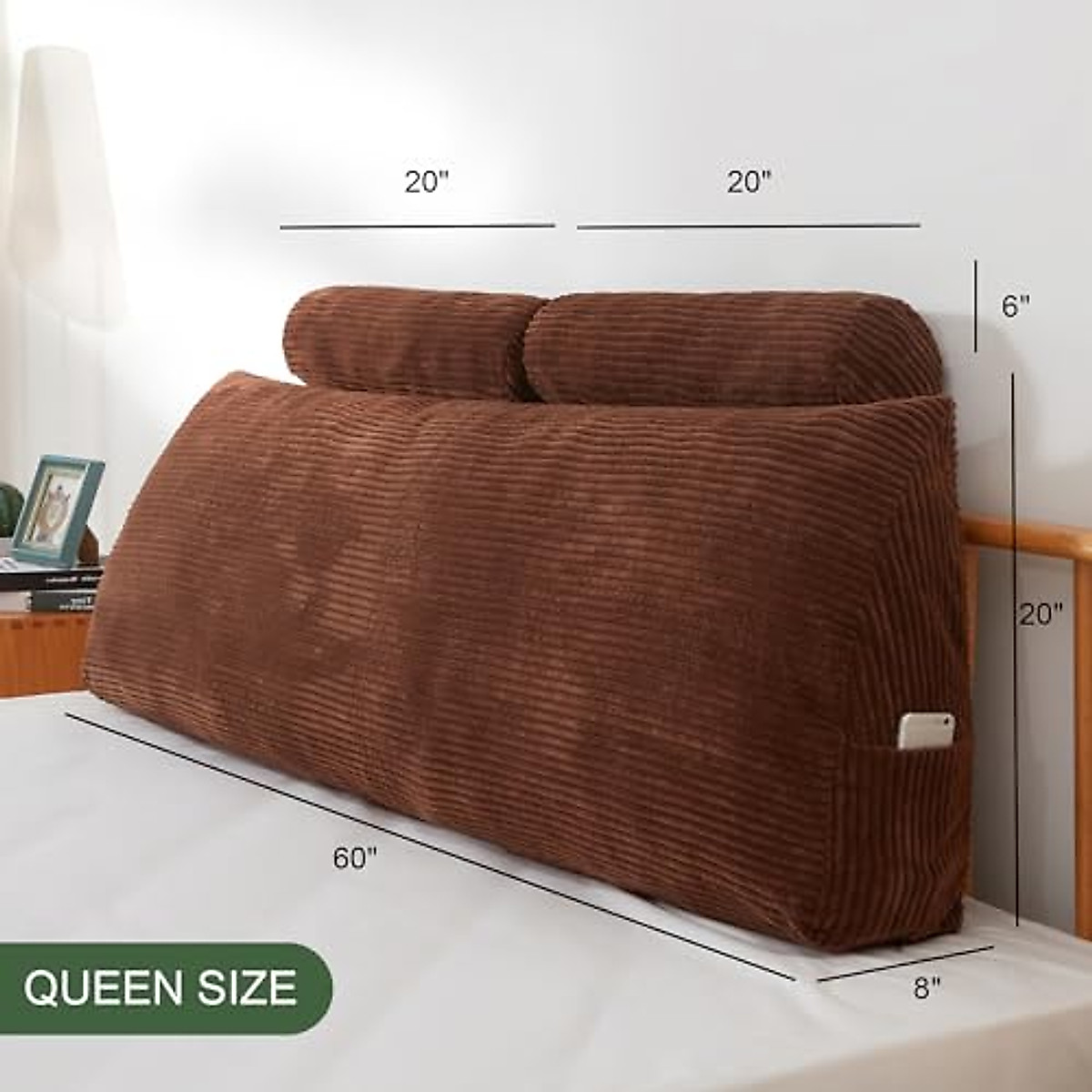 HIGOGOGO Wedge Headboard Pillow, Bed Rest Reading Pillow, Backrest Positioning Support Bolster Cushion with Removable Cover,Queen 60X20.4X8.4,Coffee