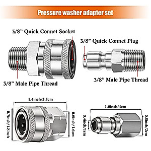 Hotop 4 Sets NPT 3/8 Inch Stainless Steel Male & Female Quick Connector Kit Pressure Washer Adapters Hose Quick Connector(Internal & External Thread)