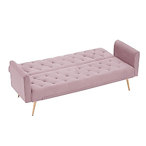 Eafurn Comfy Velvet Upholstered Futon Foldable Daybed Bed for Sleep Overs, Convertible Sleeper Loveseat with 2 Pillows, 71" Tufted Sofa & Couches with Golden Metal Legs for Compact Living Space, Pink