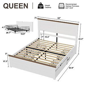 LUXOAK Queen Size Farmhouse Bed Frame with Headboard and 4 Sliding Drawers, Wooden Barn Door Panel Platform Bed with Wood Slats, Heavy Duty Mattress Foundation, Non-Slip & Noise-Free, Antique White