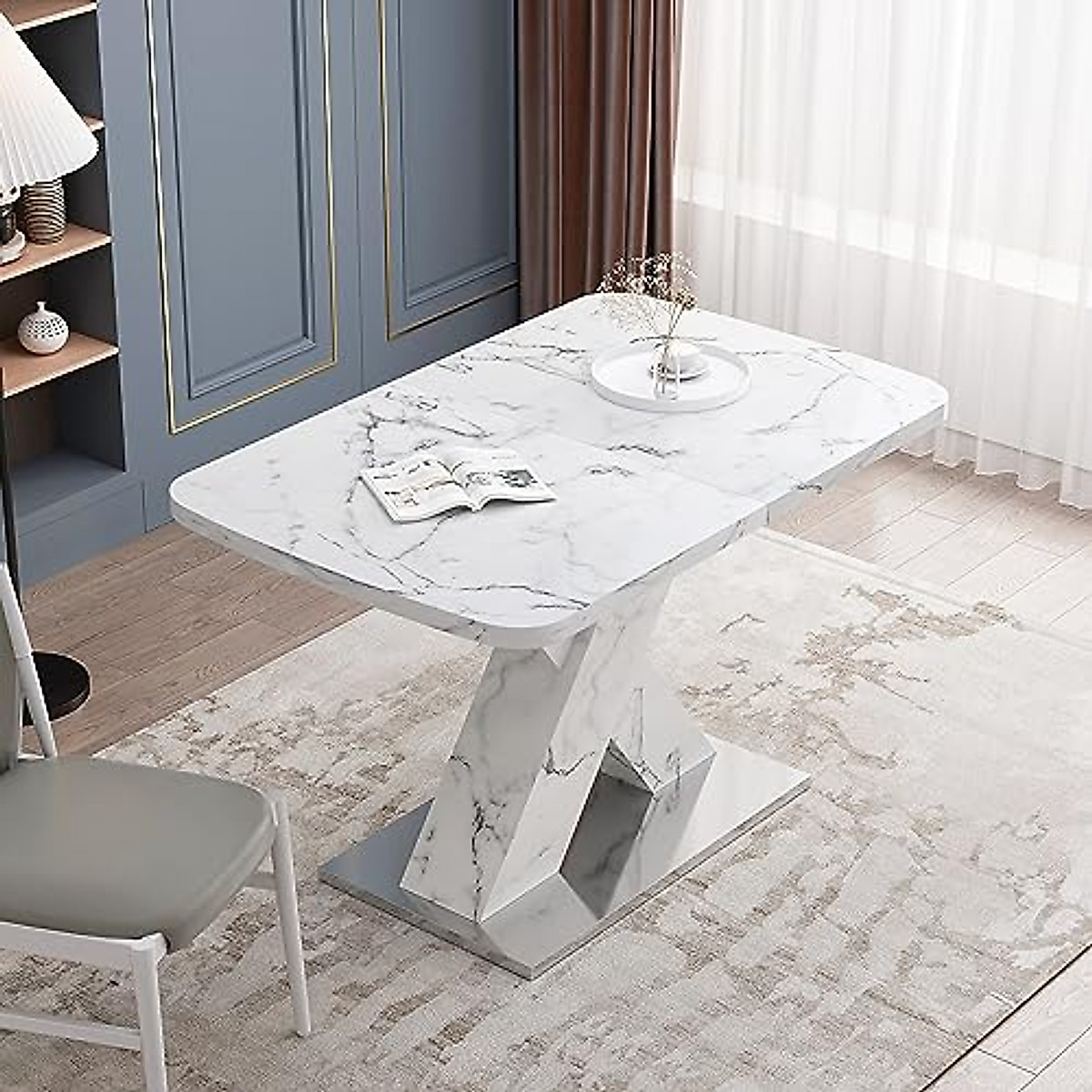 Modern Marble Top Dining Table, Extendable Marble Dining Table for 4-6, Expandable Dining Table with Faux Marble Top and Crossed Pedestal Base, Large Dining Table for Dining Room Kitchen (White)