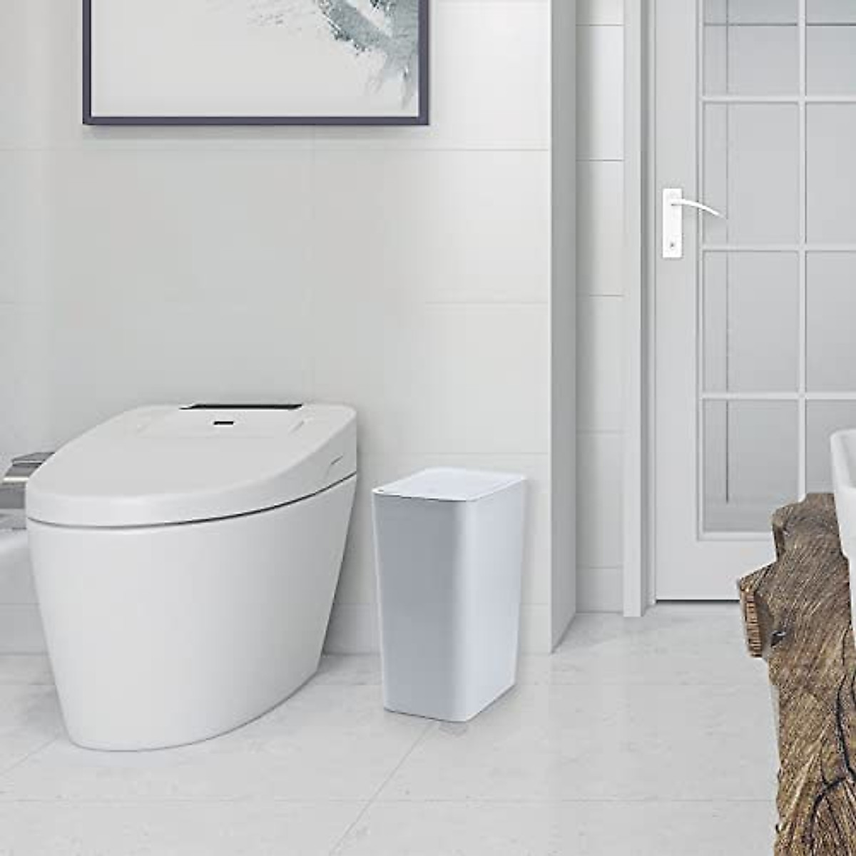 Fasmov Trash Can, 2 Pack 15 Liter / 4 Gallon Plastic Garbage Container Bin with Press Top Lid, Waste Basket for Kitchen, Bathroom, Living Room, Office, Narrow Place (White + Blue)