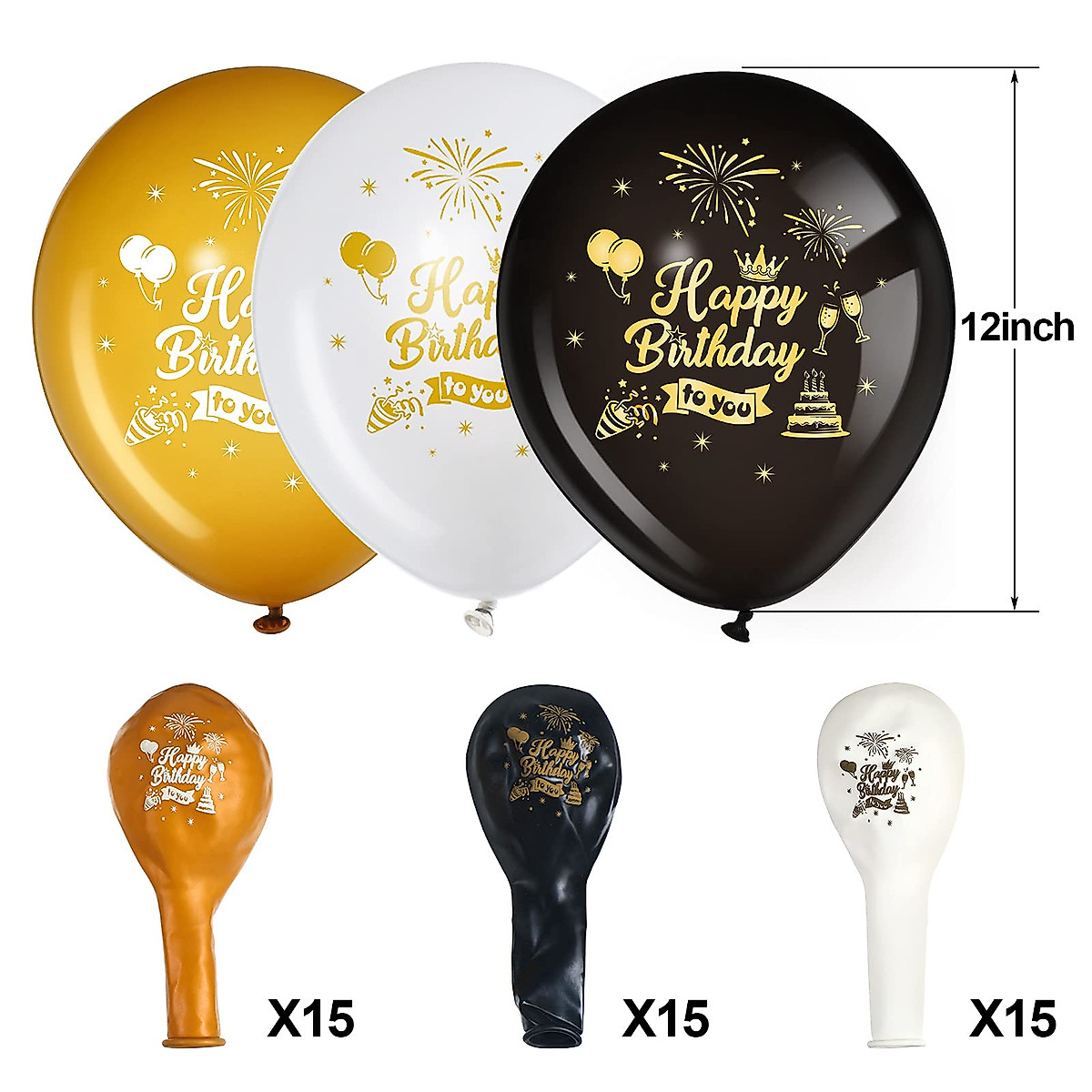 45 Piece 12 Inch Birthday Party Latex Balloons, Black Gold White Theme Party Balloon Birthday Anniversary Party Decoration for Girl Boy Women Men Birthday Party Supplies Indoor Outdoor Decoration