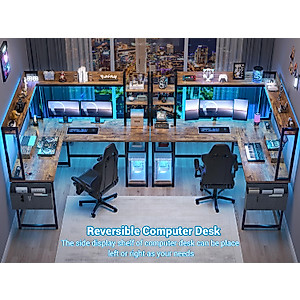 Aheaplus L Shaped Gaming Desk, Reversible L Shaped Desk with Power Outlet and Led Lights, Gaming Desk Corner Computer Desk with Hutch, Monitor Stand and Storage Bag for Home Office, Rustic Brown