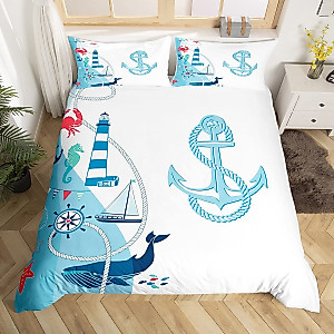 Ocean Anchor Duvet Cover Set King Size Sea Whale Seahorse Crab Bedding Set 3pcs for Kids Boys Teens Room Decor Nautical Rudder Comforter Cover White Blue Quilt Cover,2 Pillowcases