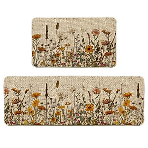 Artoid Mode Flowers Fall Kitchen Mats Set of 2, Autumn Home Decor Low-Profile Kitchen Rugs for Floor - 17x29 and 17x47 Inch