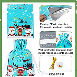HRX Package Holiday Gift Wrapping Bags Drawstring, 15pcs Christmas Foil Sacks Pouches with Gift Tag for Xmas Presents Party Favor