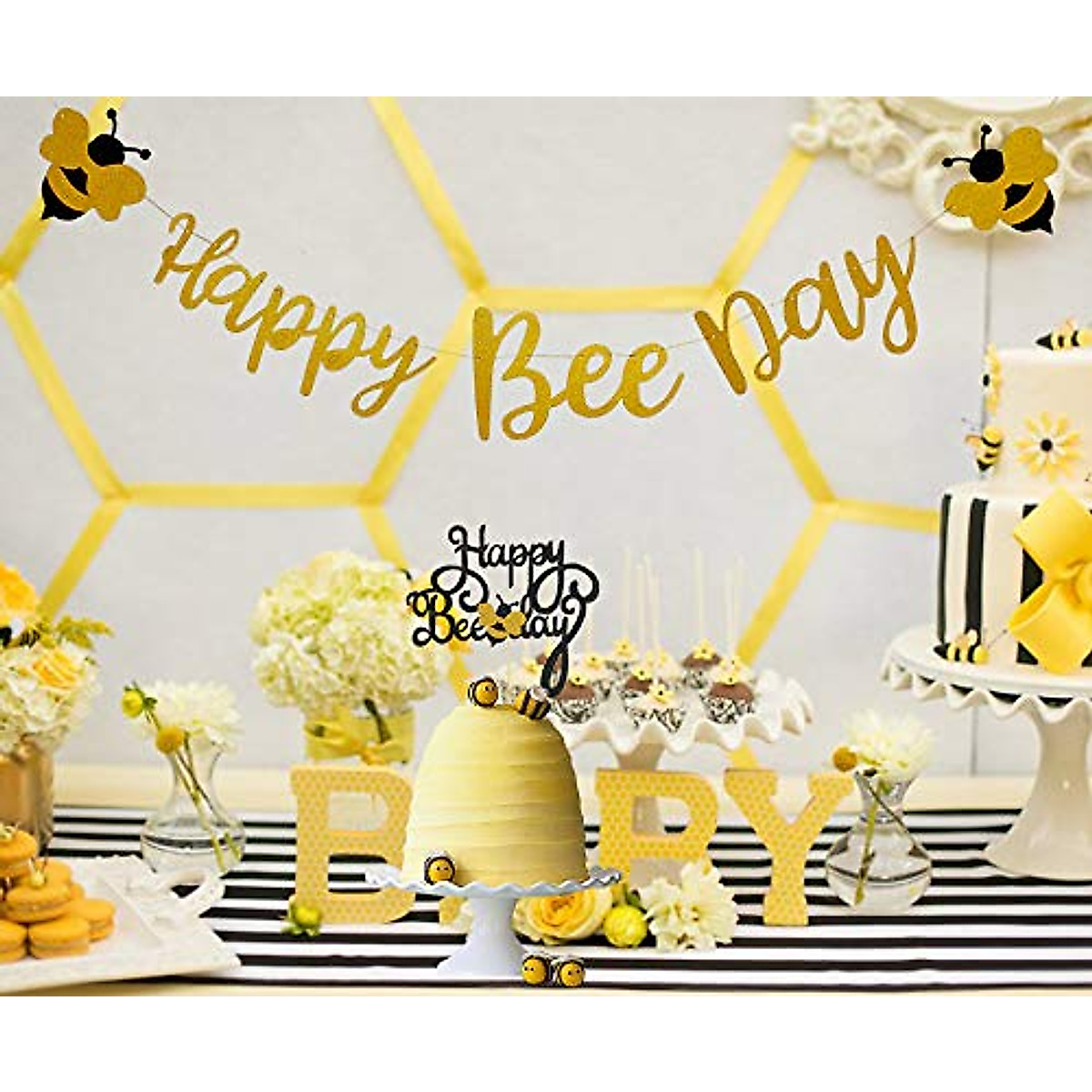 Happy Bee Day Banner and Gold Glitter Happy Bee Day Cake Topper for Bumble Bee Themed Birthday Party Supplies by Topfun
