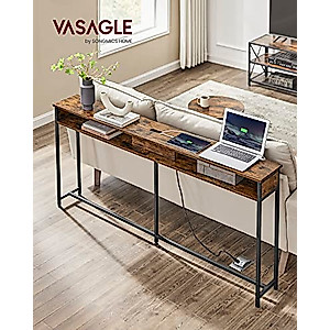 VASAGLE 70 Inch Console Table with Outlet and Shelves, Sofa Table with Hidden Charging Station, Behind Couch Table Skinny, Long Entryway Table for Hallway, Living Room, Rustic Brown and Black