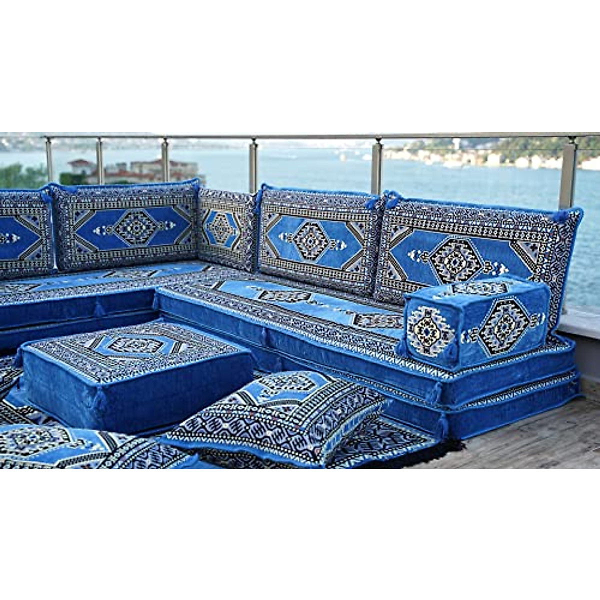 Blue Premium Arabic Seating, Handmade Floor Couches, Sectional Sofas, Turkish Floor Sofas, Moroccan Livingroom Sofas, Arabic Majlis, Sofa Slipcovers, Living Room Furniture (L Sofa Full Set)