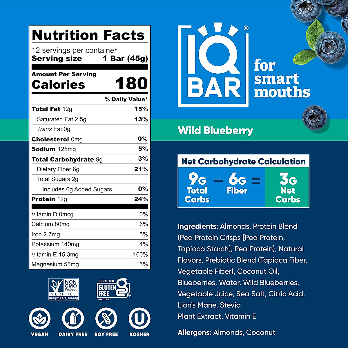 IQBAR Brain and Body Plant Protein Bars - Wild Blueberry - 12 Count, Low Carb, High Fiber, Gluten Free, Healthy Vegan Snacks - Low Sugar Keto Bar Pack