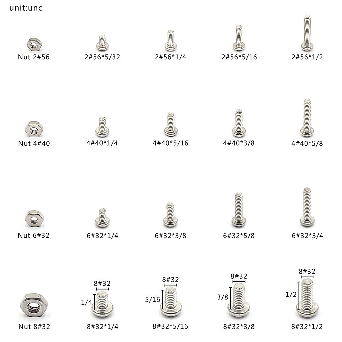 ZERO HOME 320pcs #2-56#4-40#6-32#8-32 UNC Stainless Steel Phillips Pan Head Machine Screws Nuts Assortment Kit
