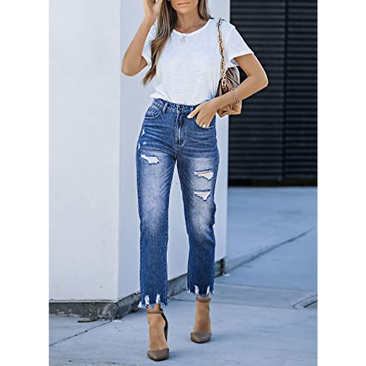 EVALESS Women Destroyed Raw Hem Straight Leg Skinny Jeans Ripped Hole Boyfriend Denim Pants Blue 10