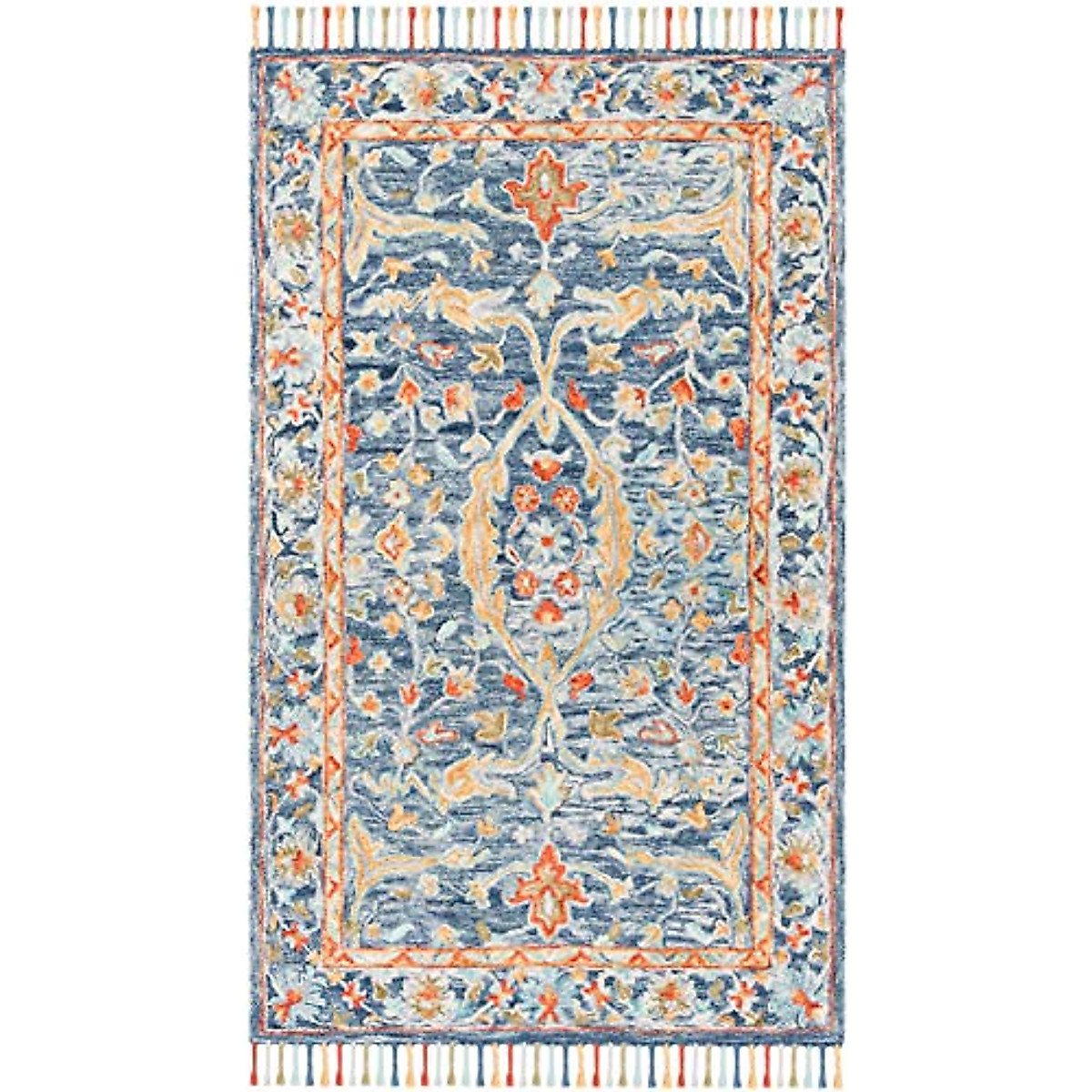 SAFAVIEH Aspen Collection Accent Rug - 4' x 6', Blue & Rust, Handmade Boho Braided Tassel Wool, Ideal for High Traffic Areas in Entryway, Living Room, Bedroom (APN116M)