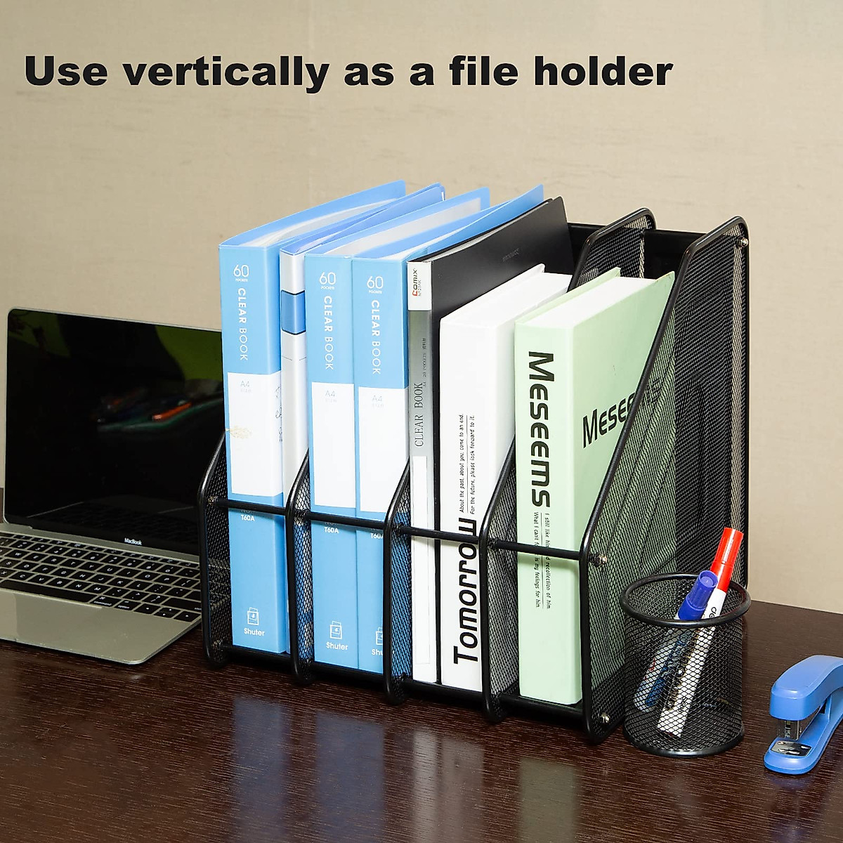 Cliselda Metal Mesh Magazine File Holder with 4 Vertical Compartments, Desk Organizers File Folders Holder, File Organizer Binder Holder Organizer for Desk Home Office School, Black