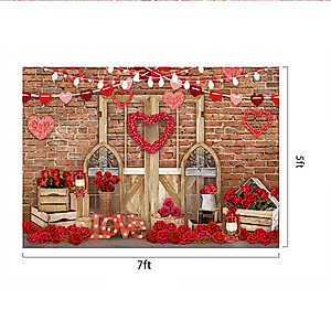 Lofaris Happy Valentine's Mother’s Day Photography Backdrops Brick Wall Wood Door and Red Rose Flower Love Heart Lights Background Birthday Baby Shower Party Decorations Portrait Photo Booth Props