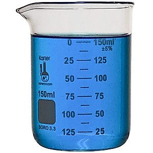 150ml Beaker, Low Form Griffin, Borosilicate 3.3 Glass, Double Scale, Graduated, Karter Scientific (Single)