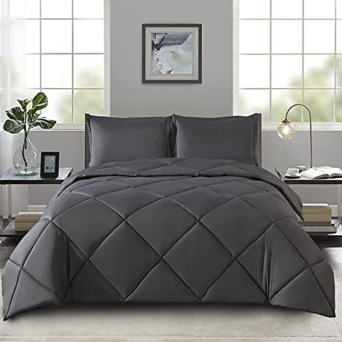TOPLUXE Queen Comforter Set, All Season Quilted Duvet Insert with 2 Pillow Shams, Microfiber Bedding Comforter Sets Queen, Lightweight (Queen, Grey)