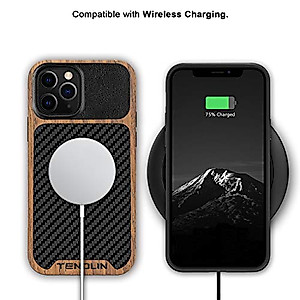 TENDLIN Compatible with iPhone 12 Pro Max Case Wood Grain with Carbon Fiber Texture Design Leather Hybrid Case Black