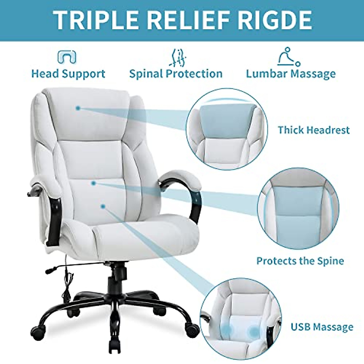 LCH Big &amp; Tall Office Chair 500lbs PU Leather Ergonomic Computer Chair, Home Desk Chair Wide Seat Executive Chair with Massage Lumbar Support &amp; Soft Arms for Heavy People (White)