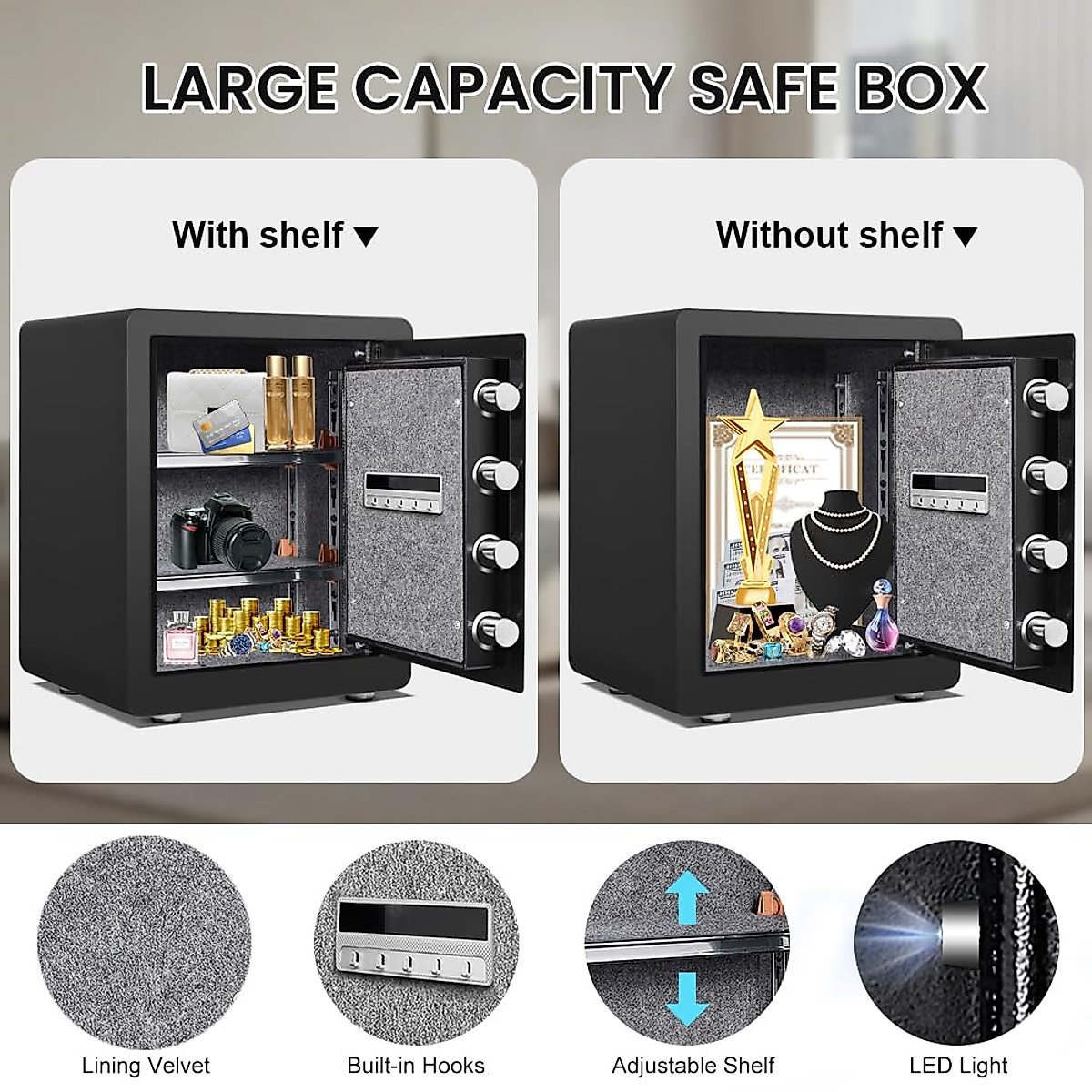 Kavey 2.0 Cub Safe Box, Home Safe with Backlit Touch Screen Keypad and Dual Alarm System, Money Safe With Mute Function and LED Light, Safe for Home Hotel Office