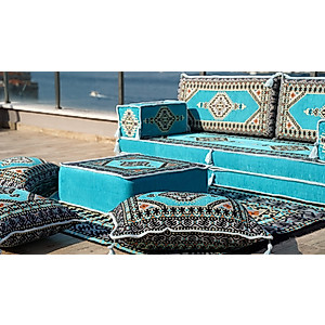 Turquoise Turkish Floor Sofas, 8" Thickness Floor Couch, Reading Sofa Pillow, Window Seat, Bench cushion, Meditation Yoga Loveseat, Healing Room Floor Cushion, Sofa Covers (Sofa Full Set)