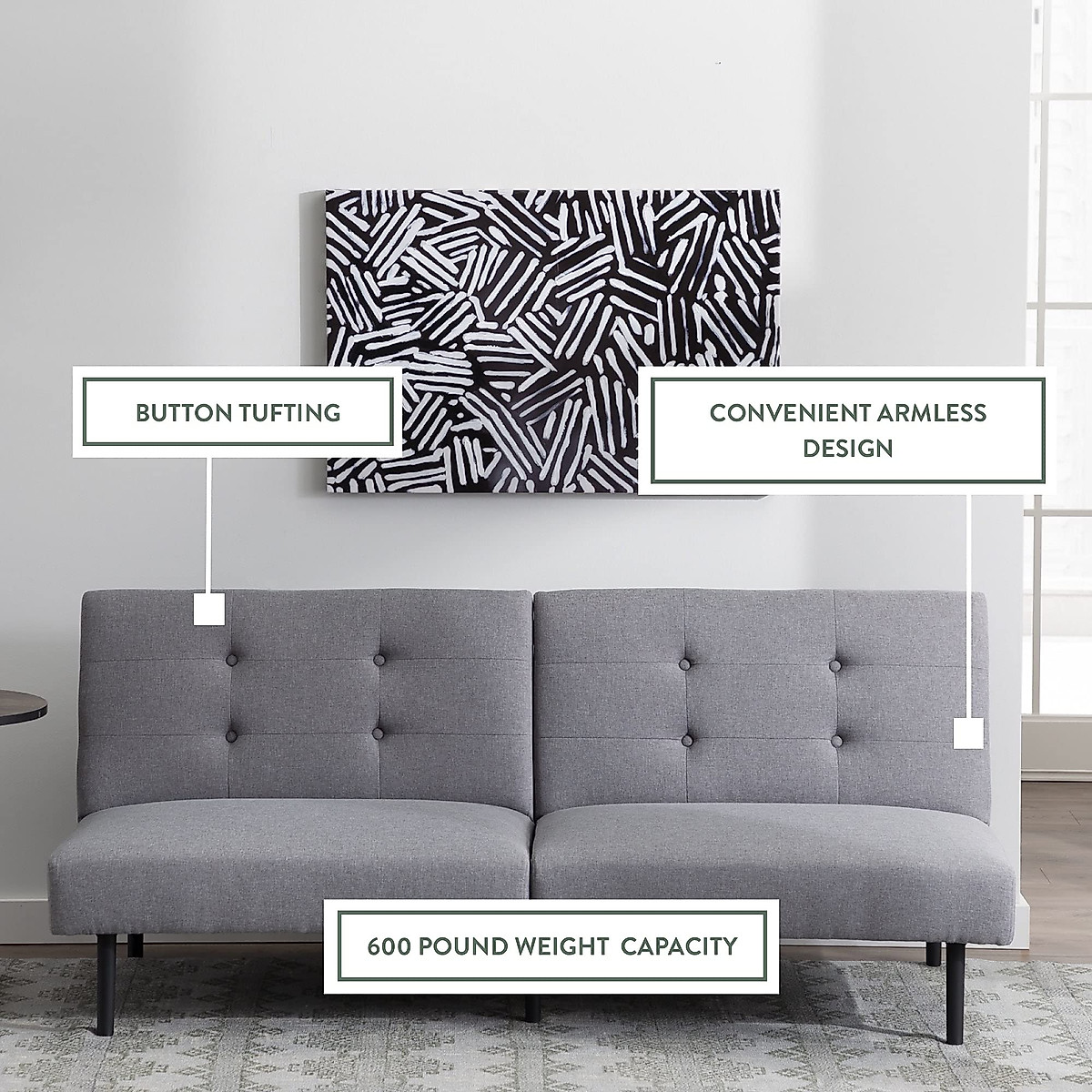 Edenbrook Gilman Futon - Futon Sofa Bed - Futon Couch - Small Futon - Living Room Furniture - Armless Sofa Bed Couch - Sleeper Sofa – Gray Linen Futon