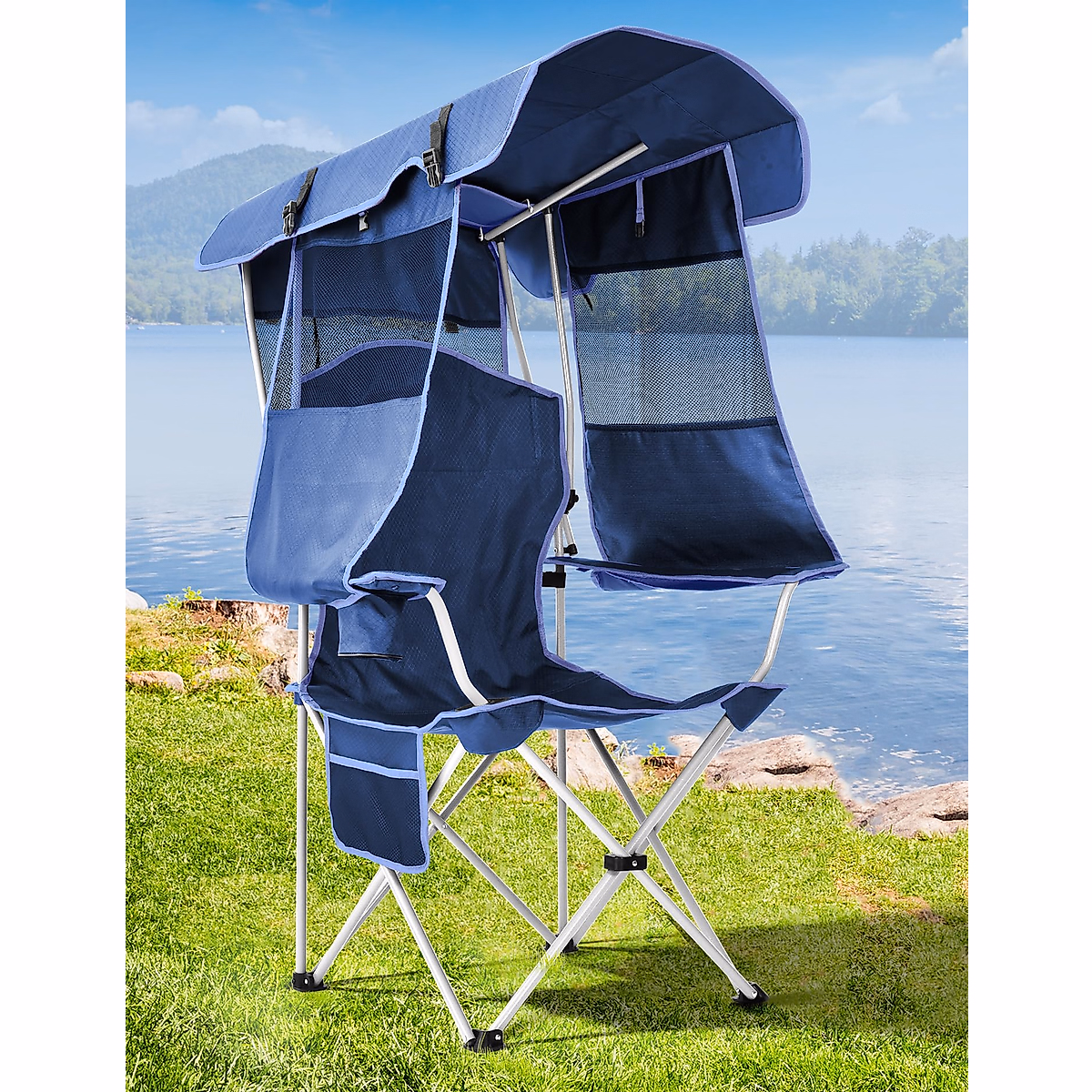 Docusvect Beach Chair with Canopy Shade, Folding Camping Chair with Canopy with Cup Holder, Side Pocket for Camp, Beach, Tailgates, Fishing - Support 330 LBS