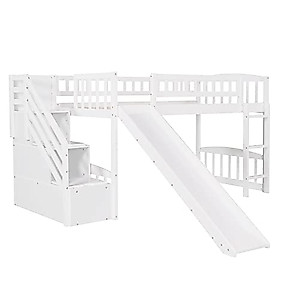 ODC Twin Size Loft Bed with 2 Drawers and Slide for Kids, Solid Wood Loft Bed Frame with Storage, Low Loft Bed with Slide, Ladder and Security Guardrail for Kids Girls Boys Teens