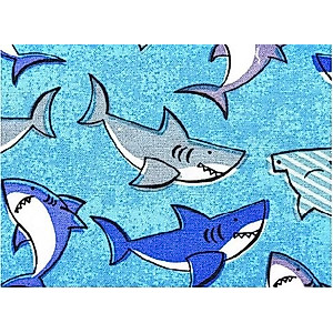 Generic Fat Quarter - Shark ~ 18"" inch x 21"" inch - 100% Cotton Fabric ~ Sharks on Blue Background, Mixed