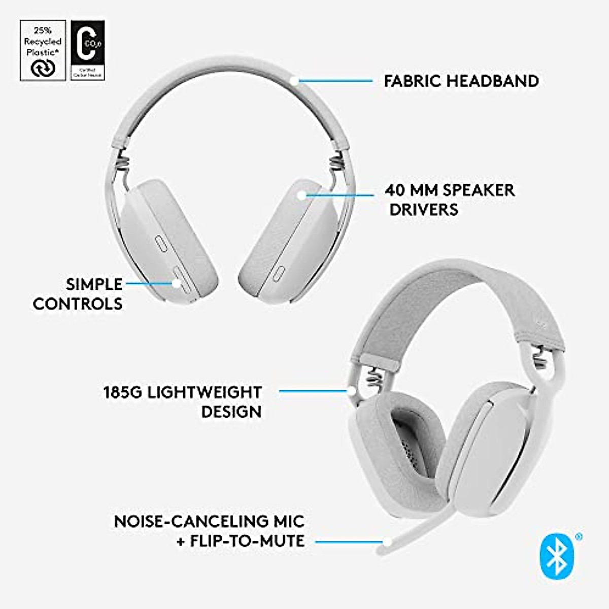 Logitech Zone Vibe 100 Lightweight Wireless Over Ear Headphones with Noise Canceling Microphone, Advanced Multipoint Bluetooth Headset, Works with Teams, Google Meet, Zoom, Mac/PC - Off White