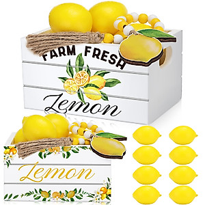 Qunclay Lemon Mini Crate Summer Tiered Tray Decor with 8 Faux Lemons with Wood Bead Tassel Farmhouse Lemonade Kitchen Decorations Summertime Wood Crate for Party Decor